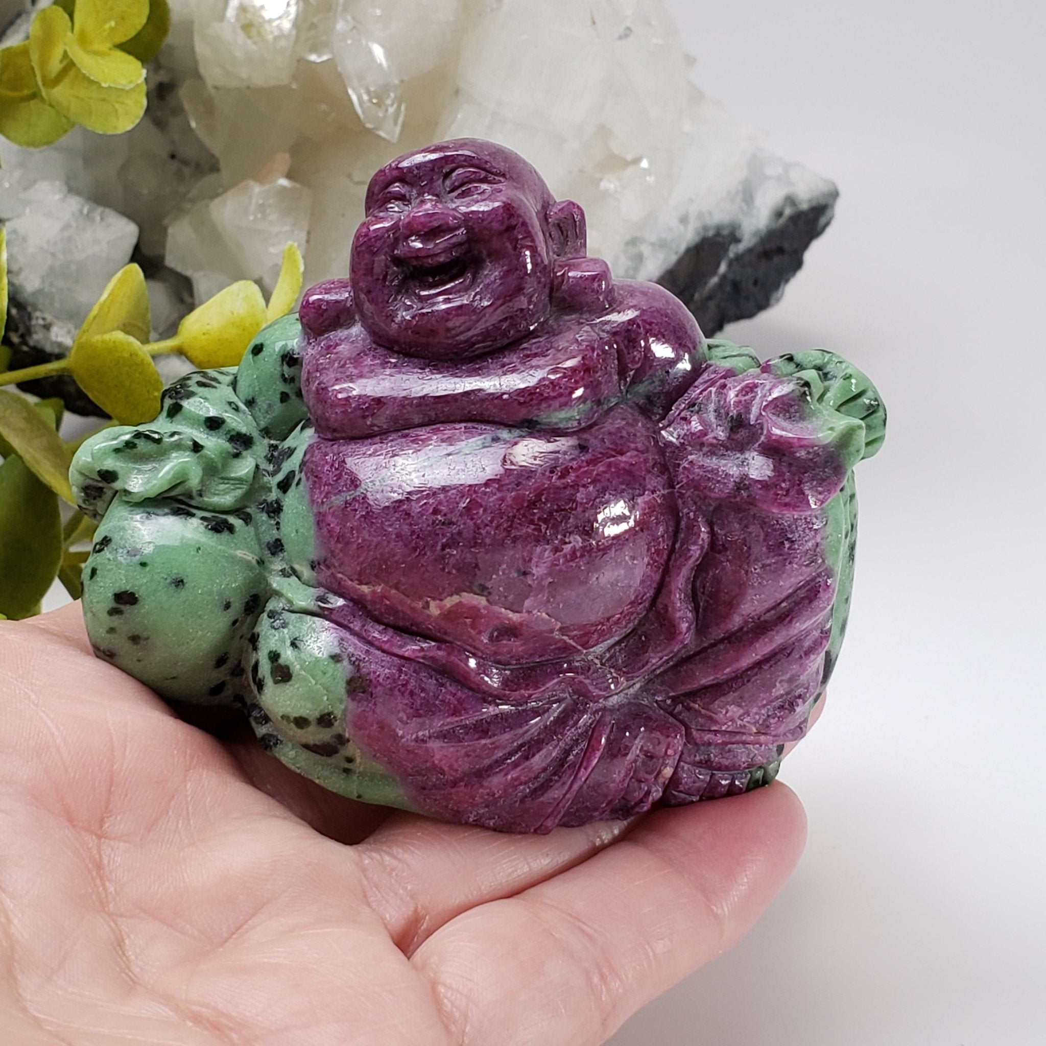 Ruby Zoisite Buddha Carving | Laughing Hotei | Unheated, Natural , Flu